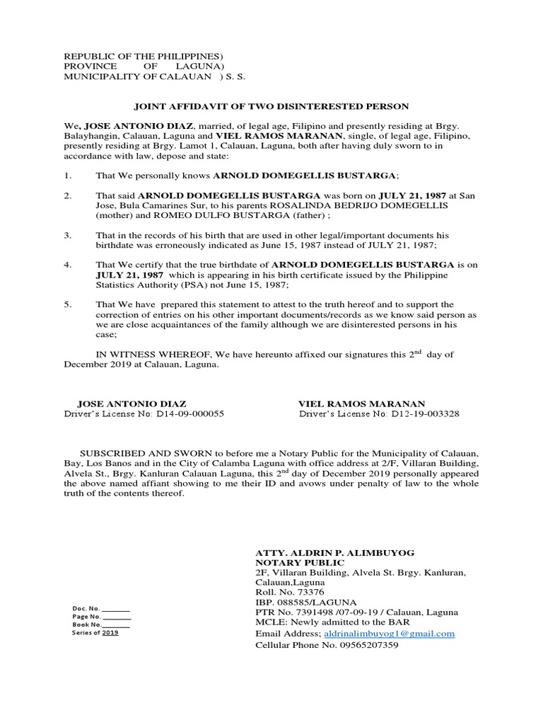 Affidavit of 2 Disinterested Person Stating Discrifancy | PDF ...