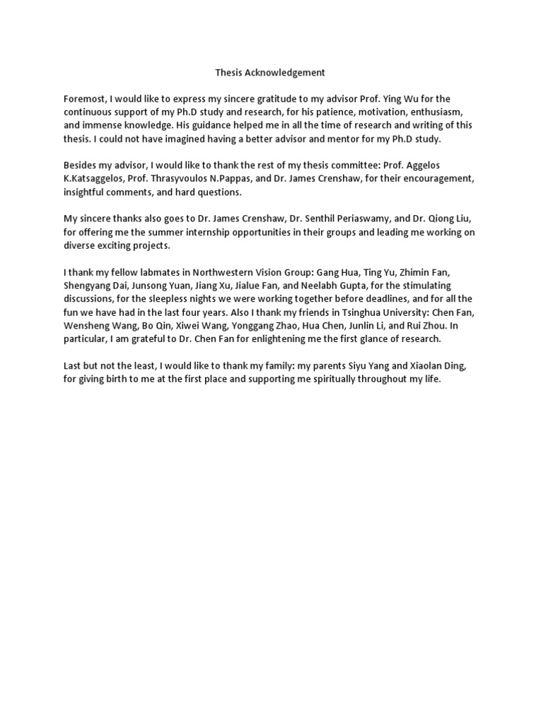 Thesis Acknowledgement Sample For Students