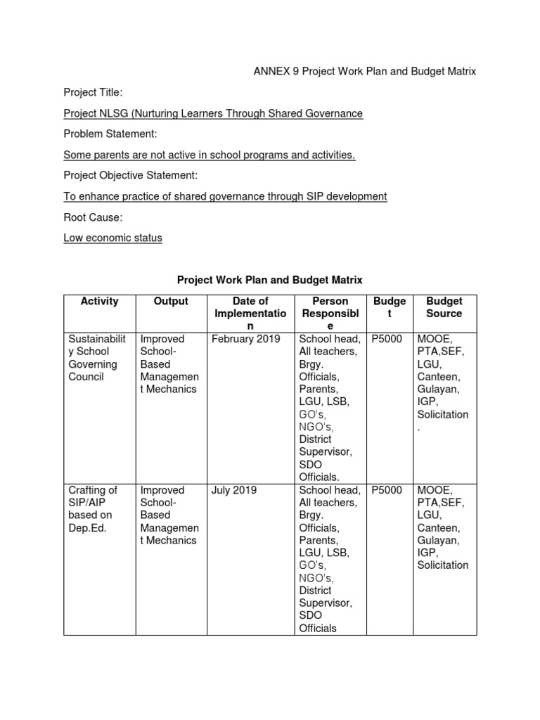 ANNEX 9 Project Work Plan and Budget Matrix Edited | PDF | Curriculum ...