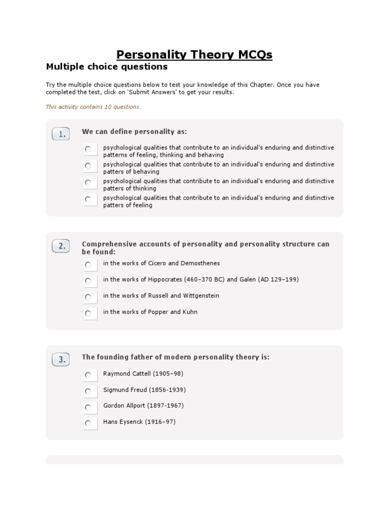 Personality Theory MCQs | PDF | Personality Psychology | Extraversion ...