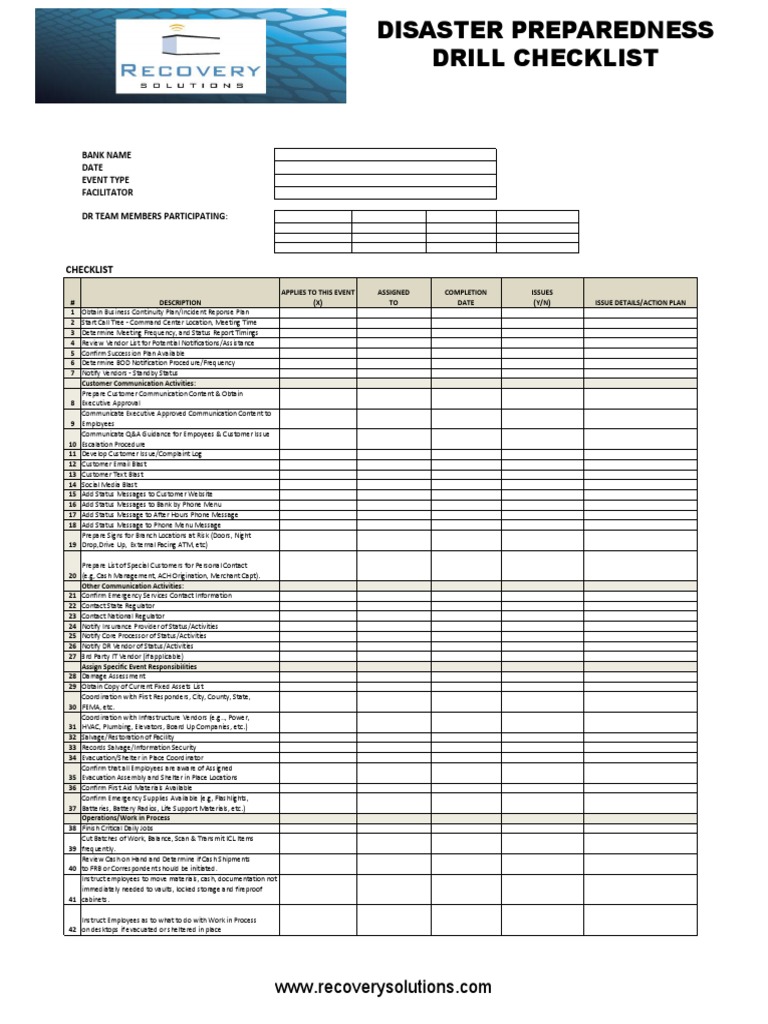Recovery Solutions Disaster Preparedness Drill Checklist 2017 | PDF ...