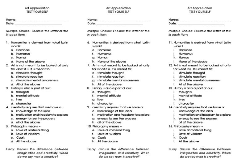 Art Appreciation Multiple Choice Quiz | PDF | Multiple Choice | Creativity