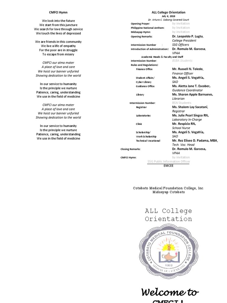 Welcome to CMFCI!: Cotabato Medical Foundation College, Inc. ALL College Orientation Program ...