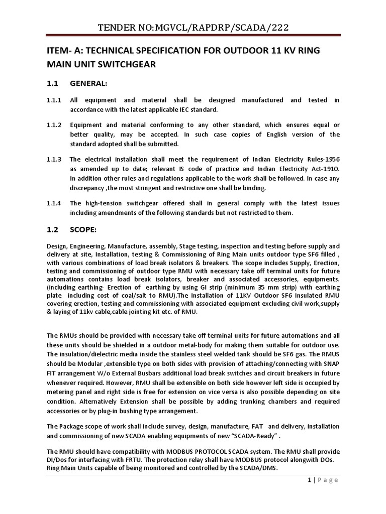 Specification - Rmu - Fpi PDF | PDF | Electrical Wiring | Switch