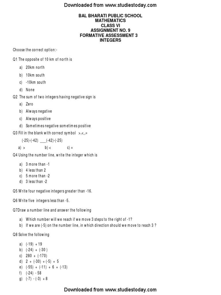 Integers Assignment: Solving Problems Involving Addition, Subtraction ...