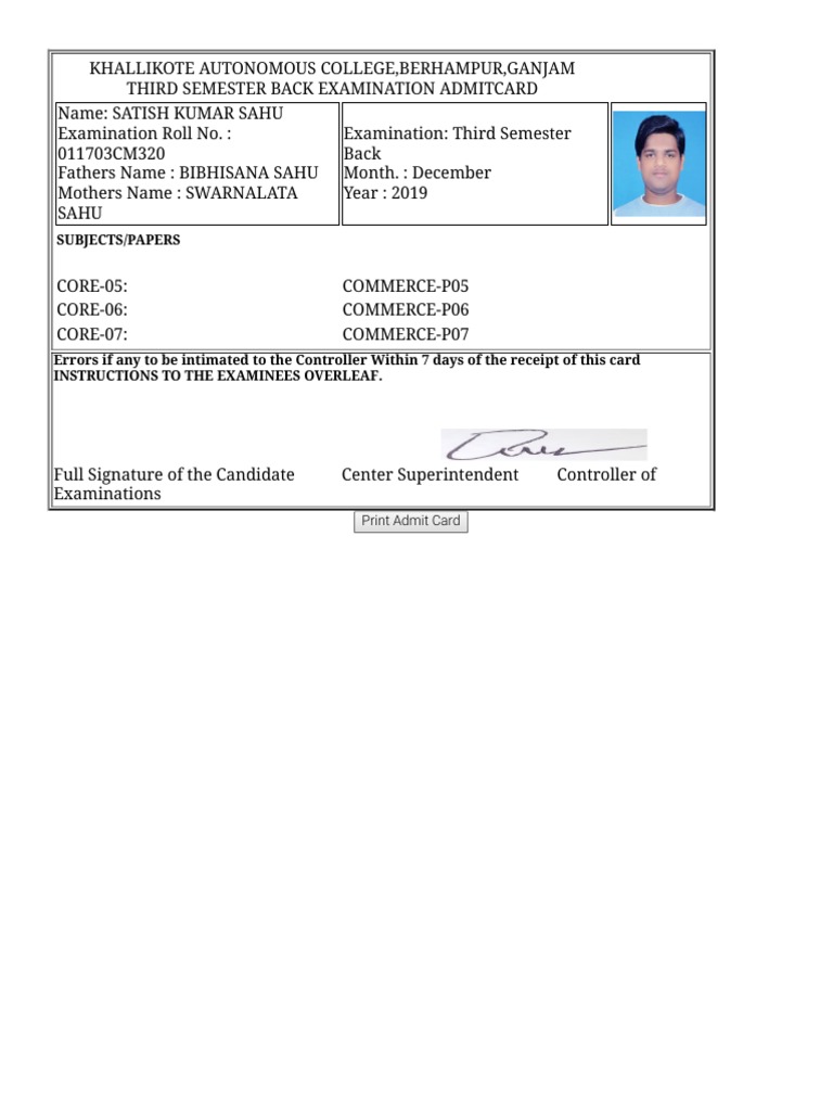 ADMIT CARD 3rd Sem Back PDF | PDF