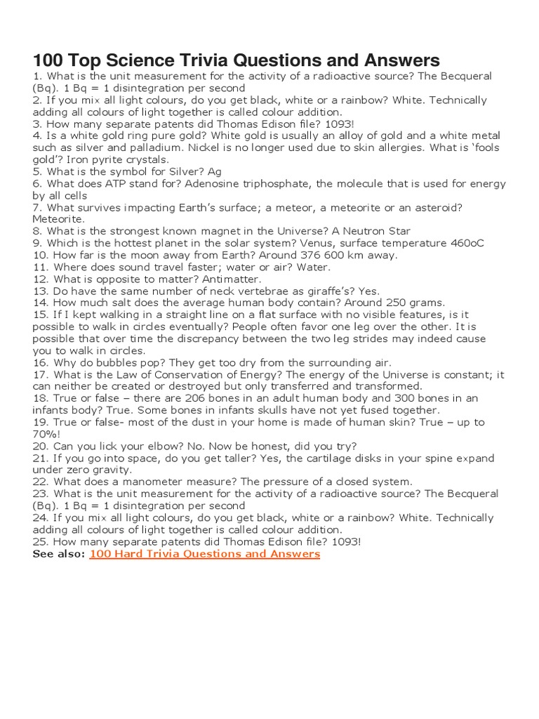 100 Science Trivia Questions & Answers | PDF | Sun | Gold