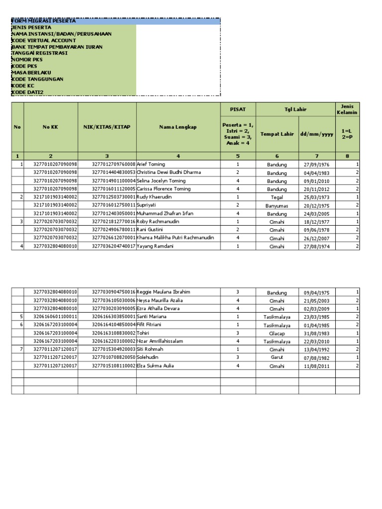 Contoh Excel Migrasi Yang Diisi Dan Kode Faskes + Desa | PDF