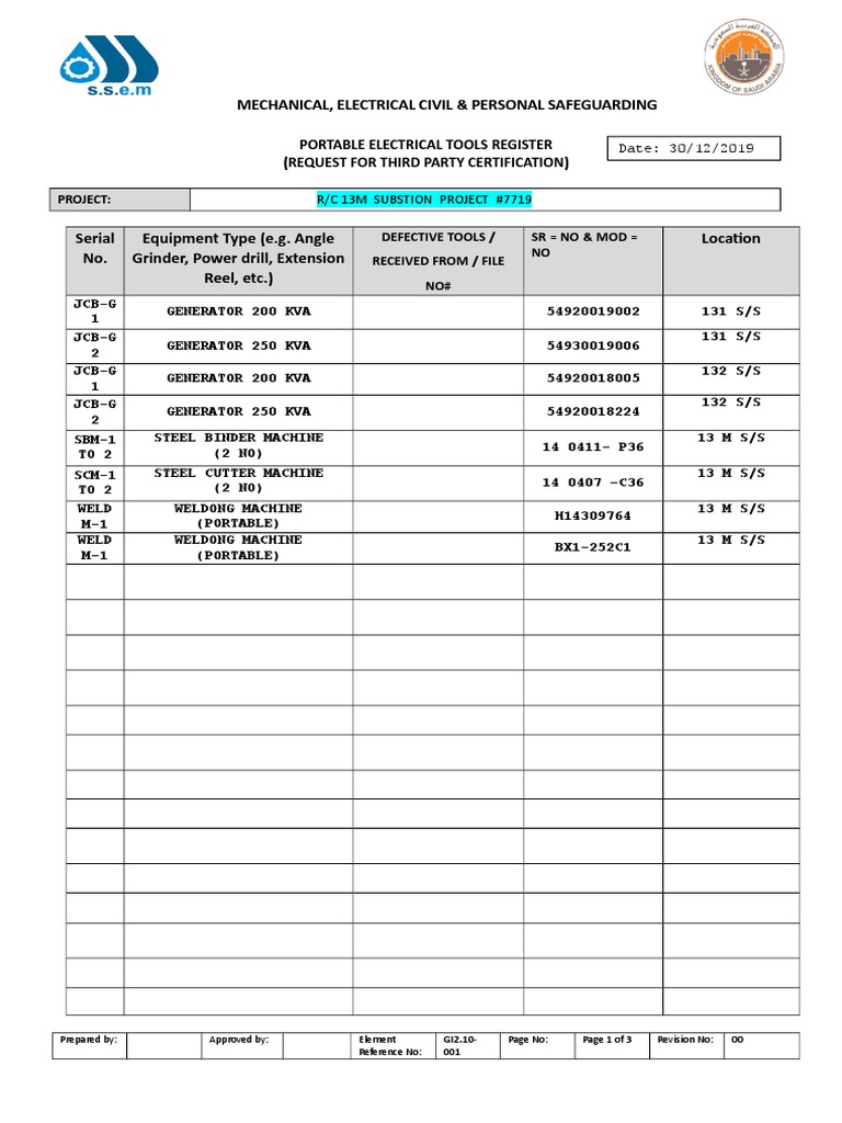 Portable Electrical Tools Register | PDF | Equipment | Metals