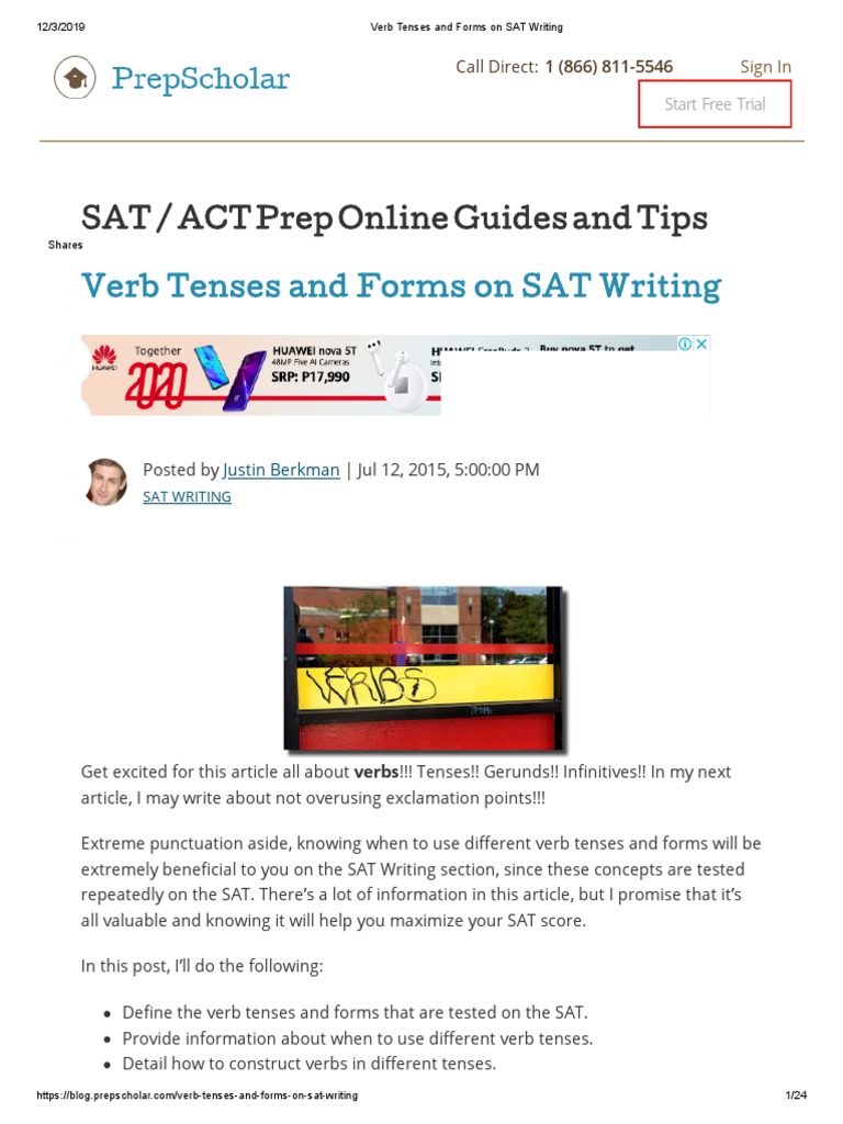 Verb Tenses and Forms On SAT Writing | PDF | Perfect (Grammar) | Verb