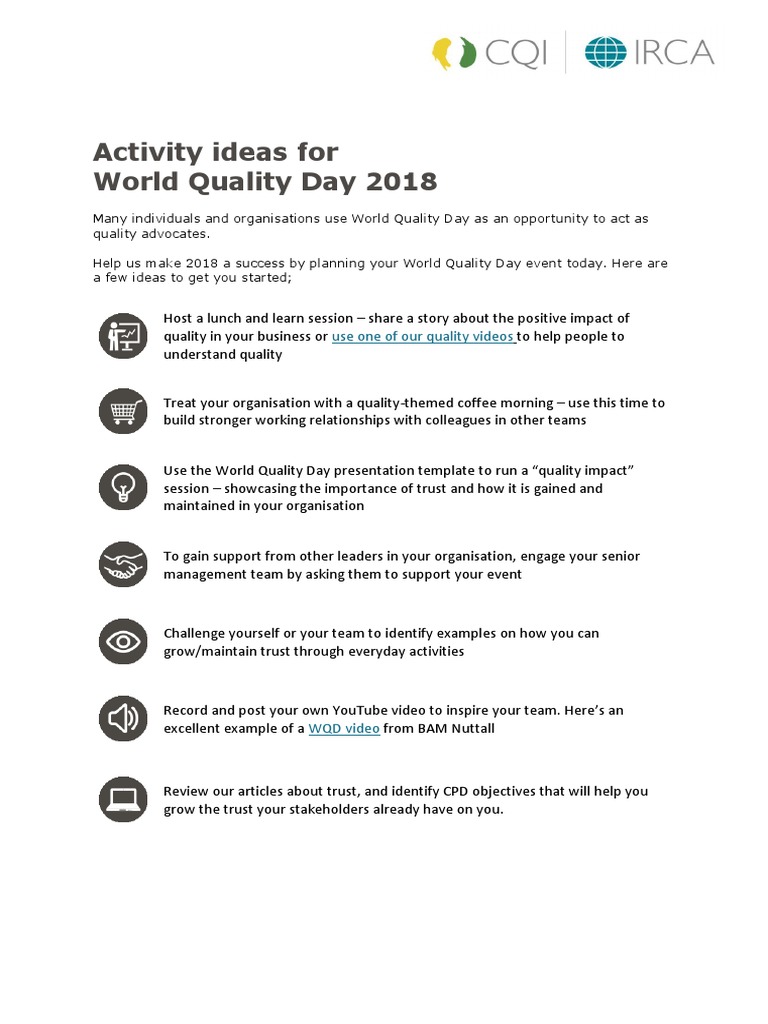 Activity Ideas For World Quality Day 2018 | PDF