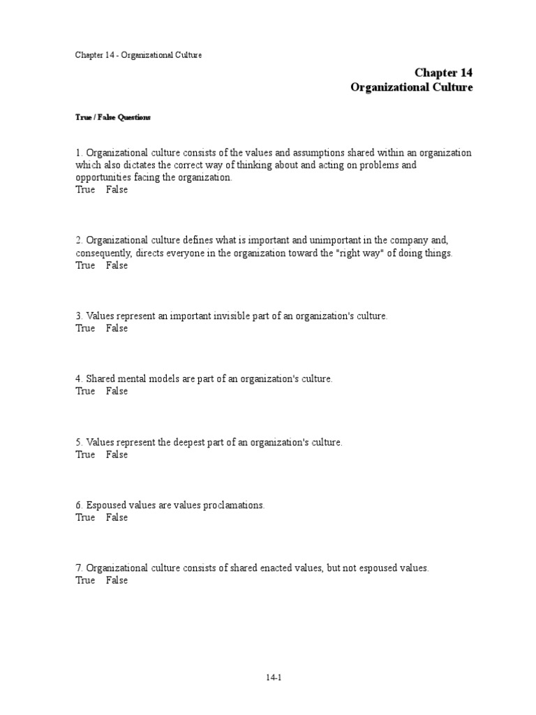 Chapter 14 Organizational Culture Test B | PDF | Organizational Culture ... Chapter 14 Organizational Culture Test B | PDF | Organizational Culture ...