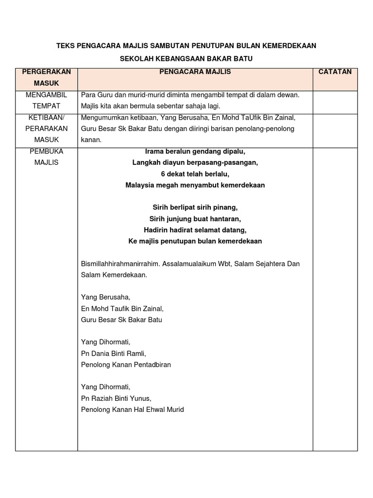 Teks Pengacara Majlis Penutupan Bulan Kemerdekaan | PDF Teks Pengacara Majlis Penutupan Bulan Kemerdekaan | PDF