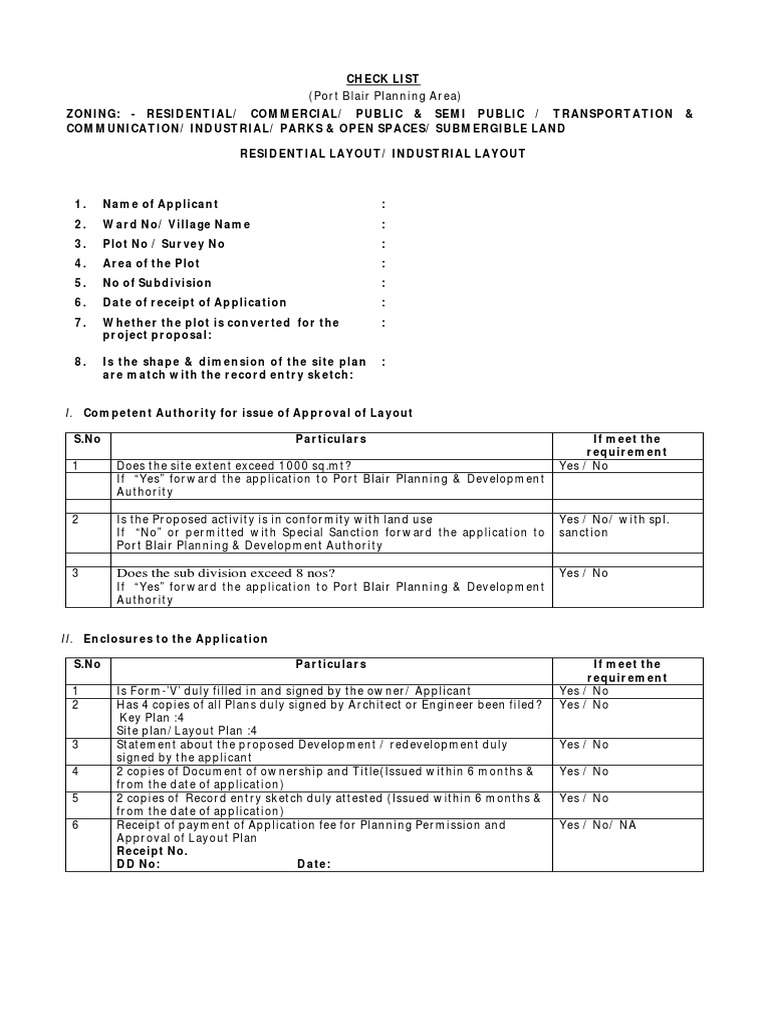 Checklist of Layout For Port Blair Planning Area PDF | Download Free ...