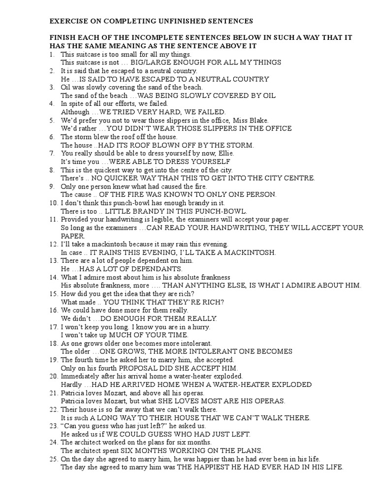 Completing Unfinished Sentences An Exercise In Equivalence Pdf