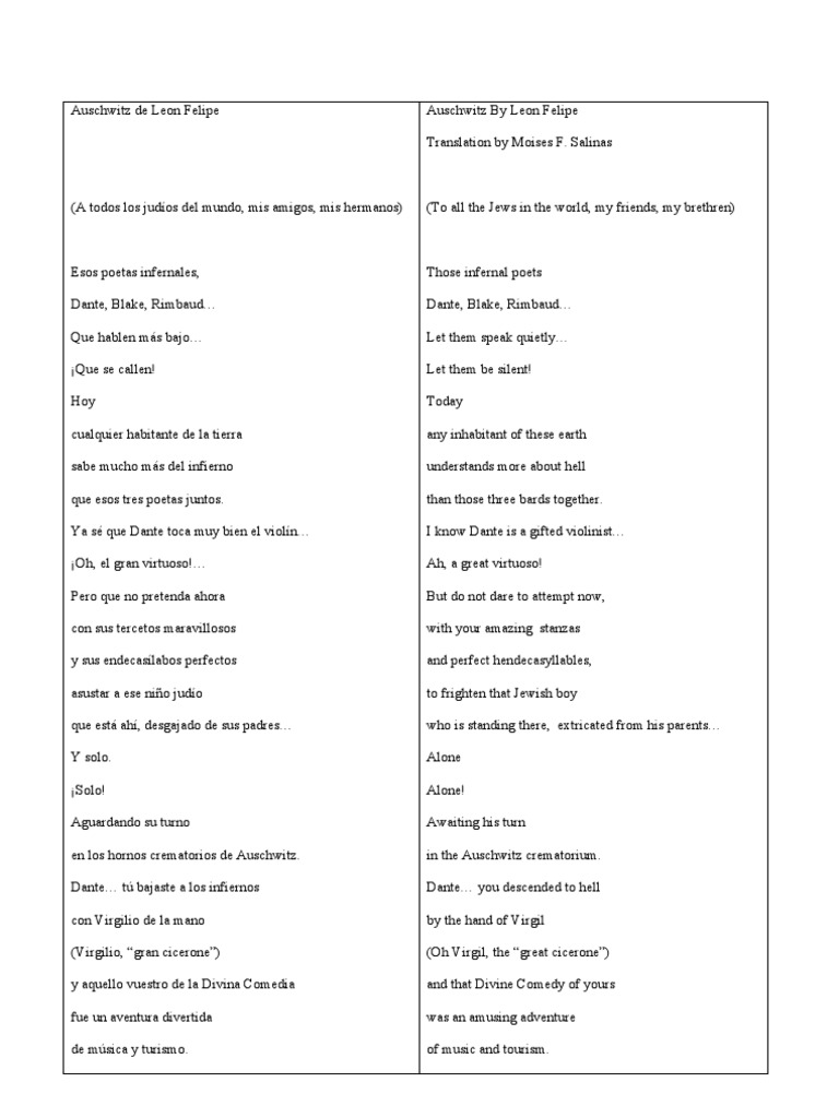 Auschwitz, Leon Felipe, Original Spanish and English Translation | PDF ...