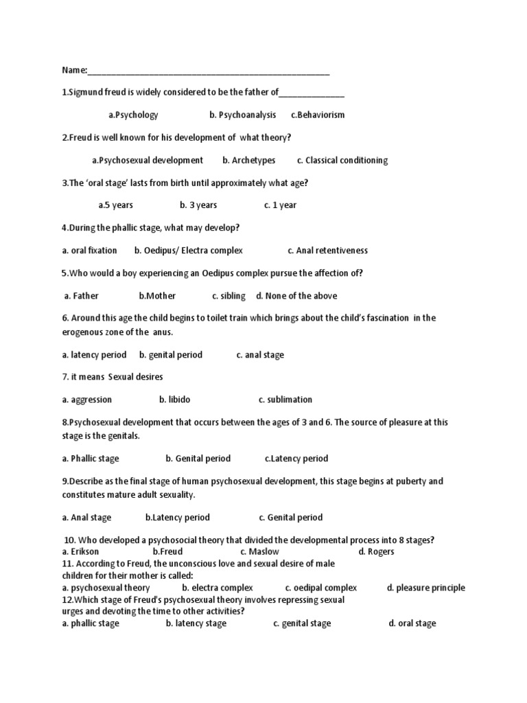 Freud's Psychosexual Development Quiz | PDF | Oedipus Complex | Libido