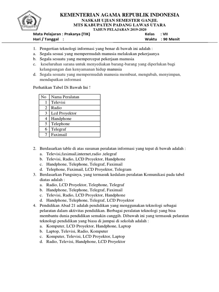Contoh Naskah Soal Tik Kelas VII | PDF