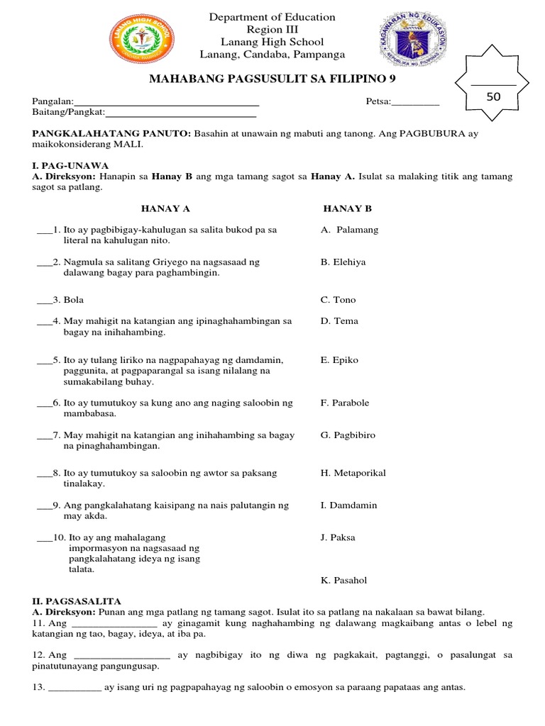 Mahabang Pagsusulit Sa Filipino 9 | PDF