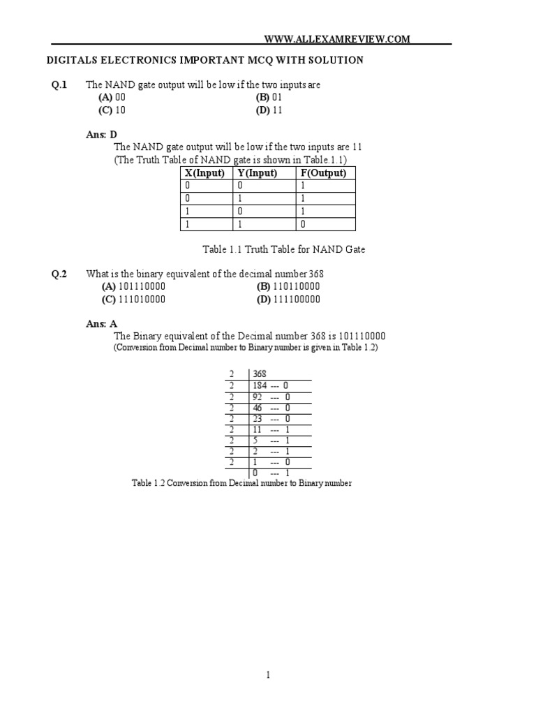Digitals Electronics Important MCQ With Solution | PDF | Logic Gate | Cmos