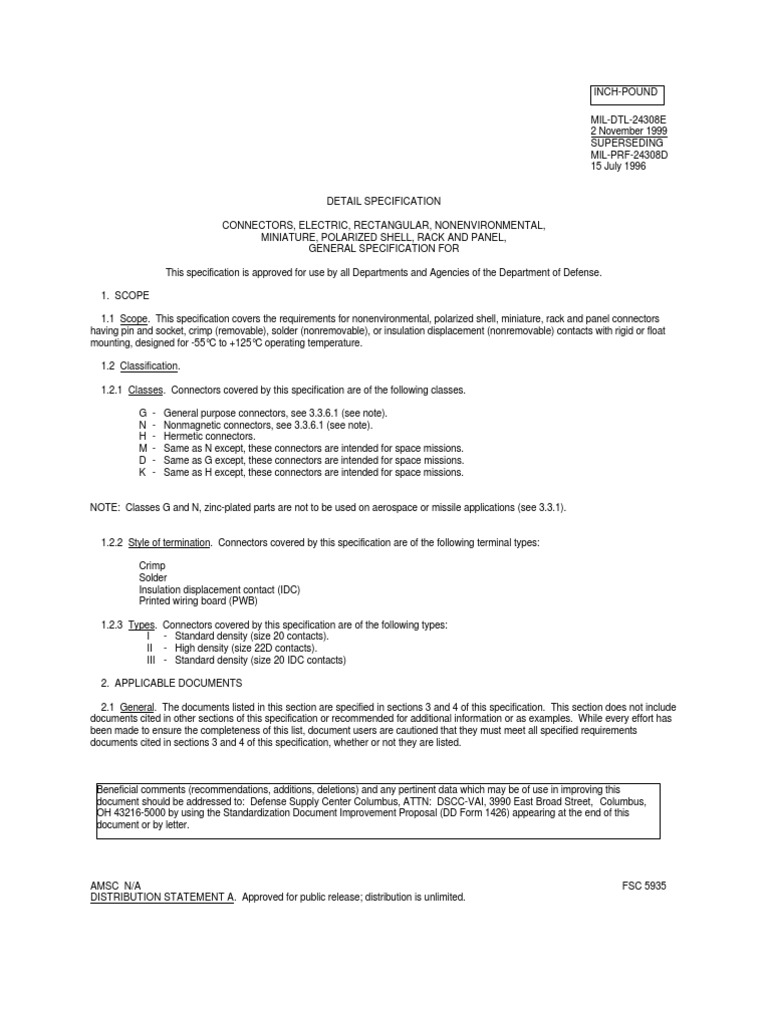 MIL-DTL-24308E Connector, D-Sub, General Specifications) | PDF | Electrical Connector ...