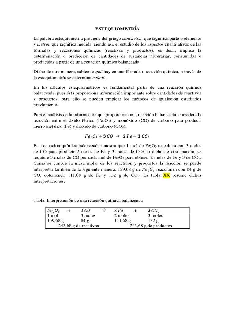 Cálculos y Fórmulas en Estequiometría | PDF | Estequiometría ...