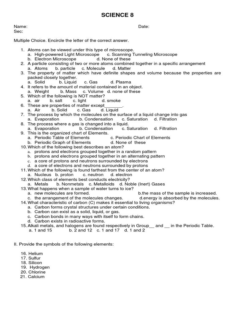 Science 8 Long Test | PDF | Atoms | Matter