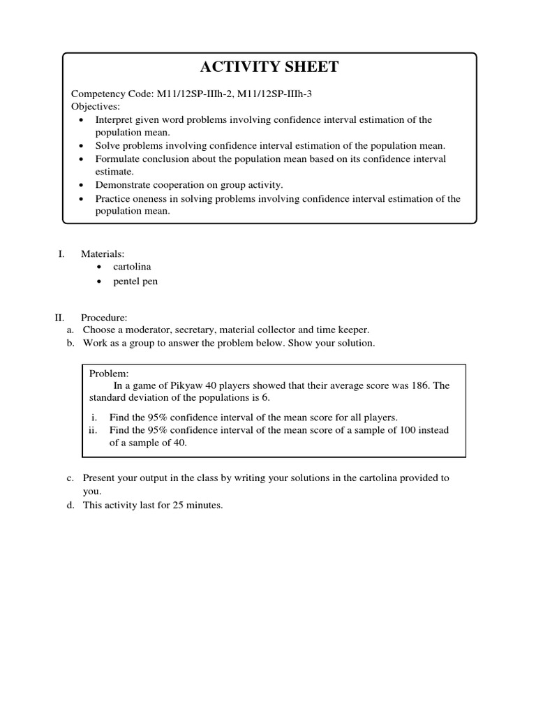Estimation of Parameters - Activity Sheet | PDF