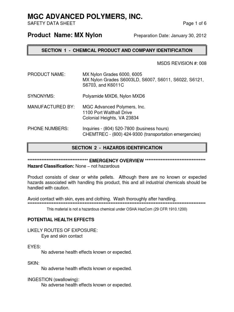 Msds MX Nylon | PDF | Chemistry | Materials
