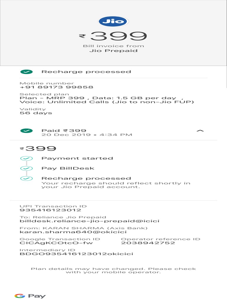 20 Dec 2019 - 399 Bill Invoice From Jio Prepaid On Google Pay PDF | PDF