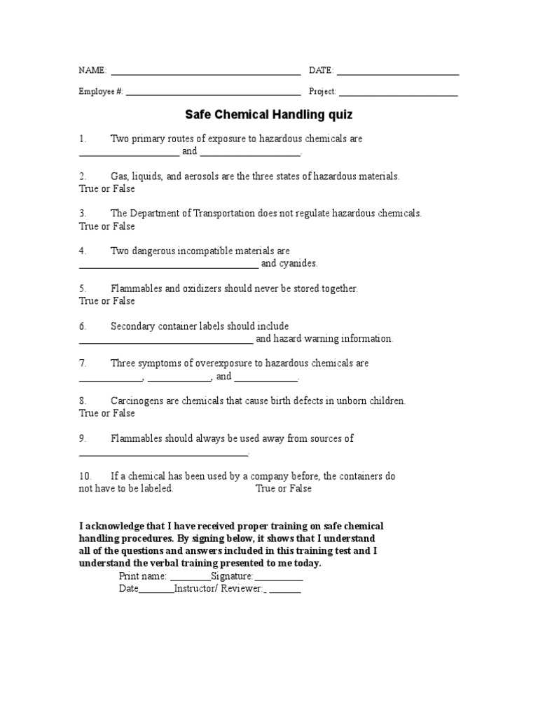 Safe Chemical Handling Quiz | PDF