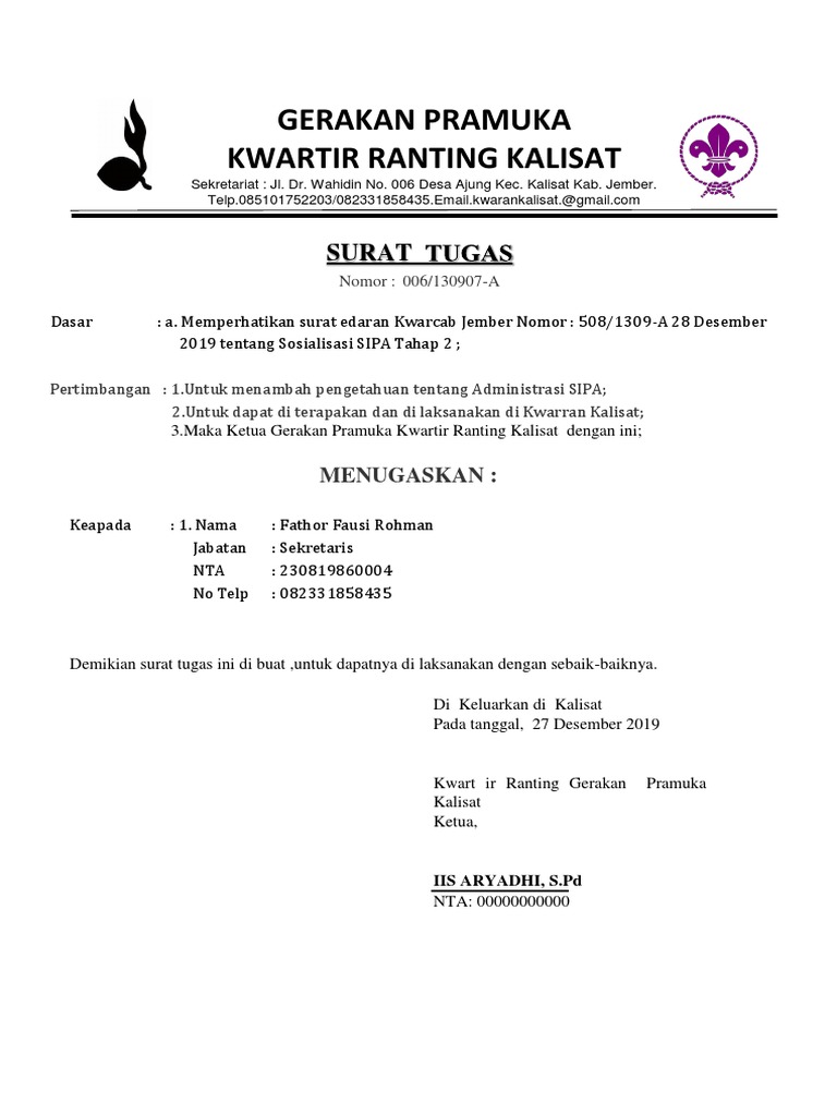 Surat Tugas Sosialisasi SIPA Tahap 2 Kwarcab Jember | PDF