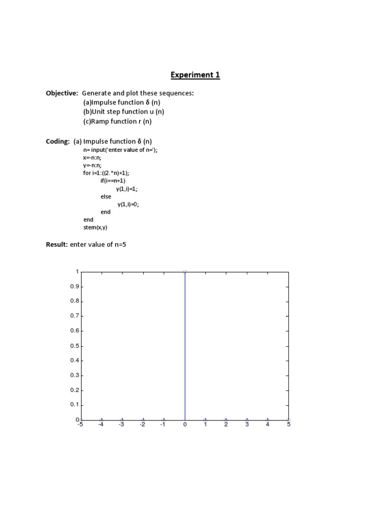 Experiment 1: (a) Impulse function δ (n) (b) Unit step function u (n ...