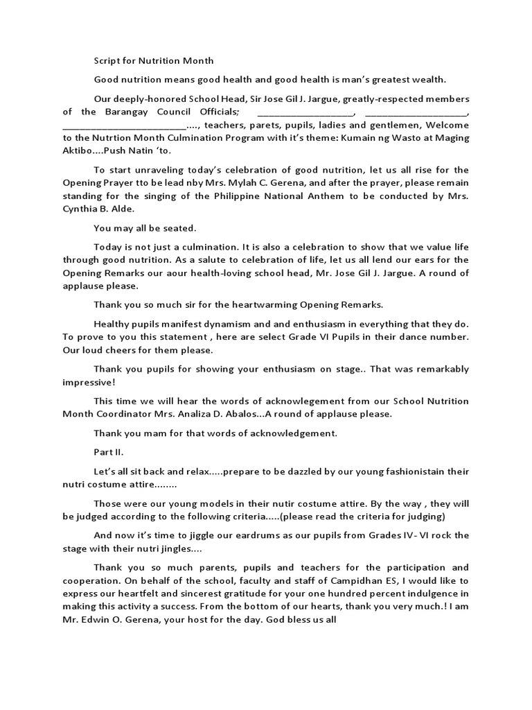 Script For Nutrition Month | PDF | Lifestyle