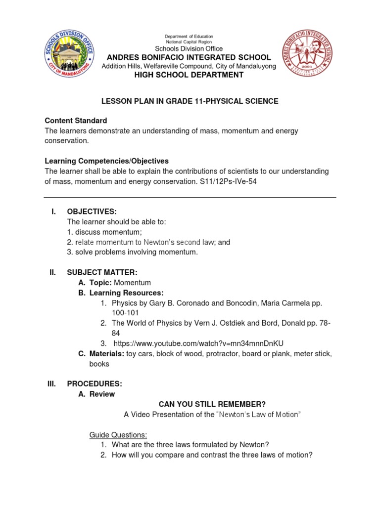 Lesson Plan in Science G11 | PDF | Momentum | Mass
