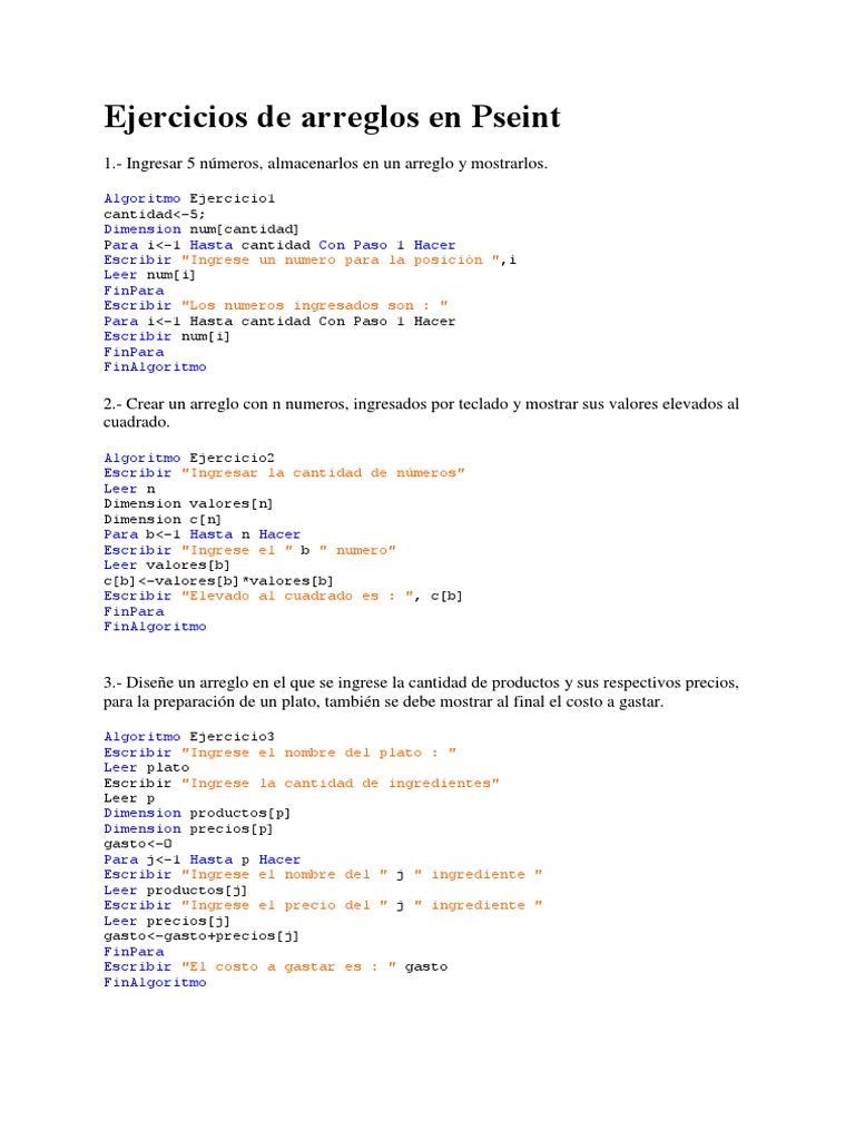 Ejercicios de Arreglos en PSein | PDF | Estructura de datos de matriz | Algoritmos y Estructuras ...