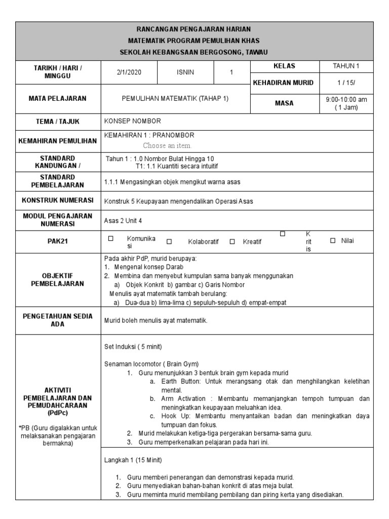Contoh Format RPH Math Pemulihan | PDF