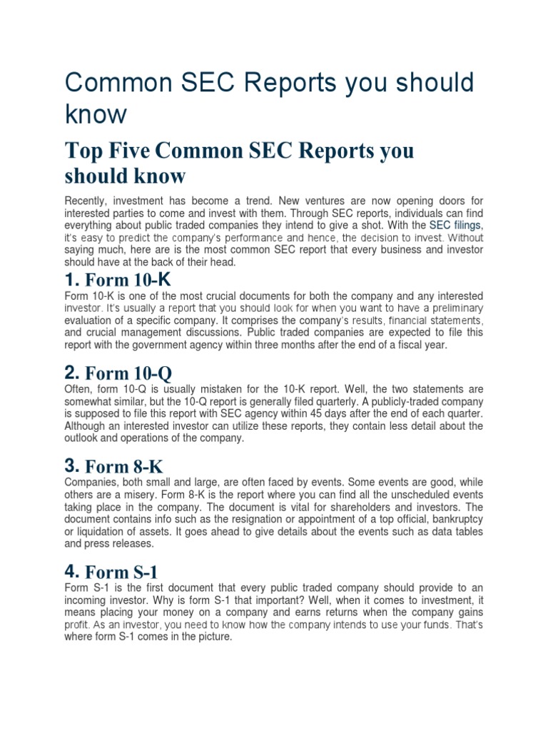 SEC Reports Used in SEC Filings | Download Free PDF | Investor | Form 10 K