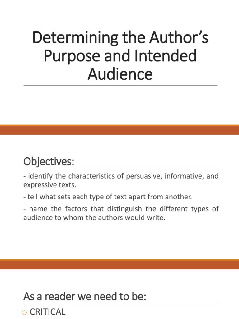 Determining The Author's Purpose and Intended Audience Week 3 | PDF