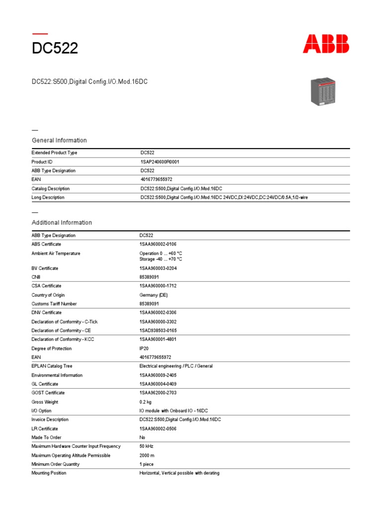 1SAP240600R0001 dc522s500 Digital Config I o Mod 16dc | PDF ...