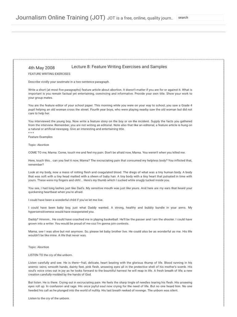 Feature Writing Exercises and Samples | PDF | Poetry