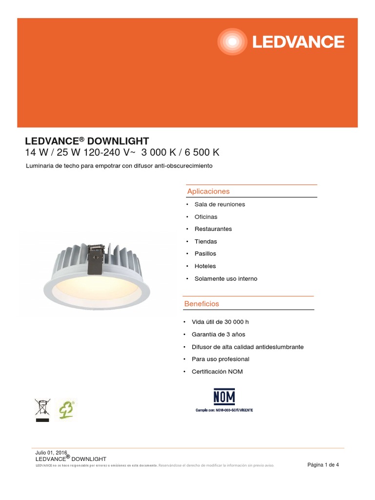 Es Data Sheet LEDVANCE DOWNLIGHT 14W - 25W 3000K - 4000K - 6500K 100 ...