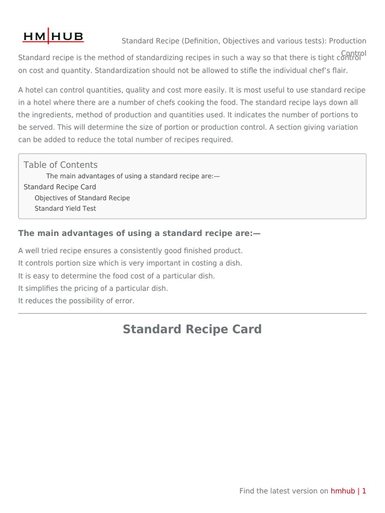 Standard Recipe (Definition, Objectives and Various Tests) - Production ...