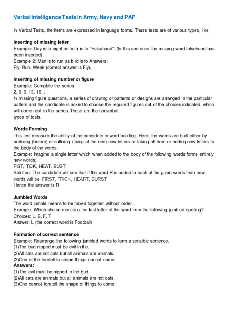 Military Verbal Test Guide | PDF | Question | Arithmetic