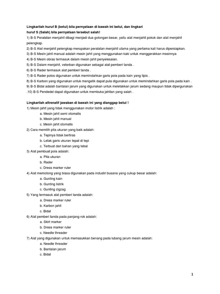 Soal Soal Ujian Menjahit | PDF