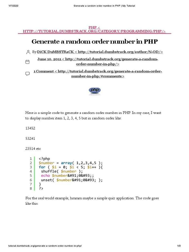 Generate A Random Order Number in PHP - My Tutorial | PDF | Php ...