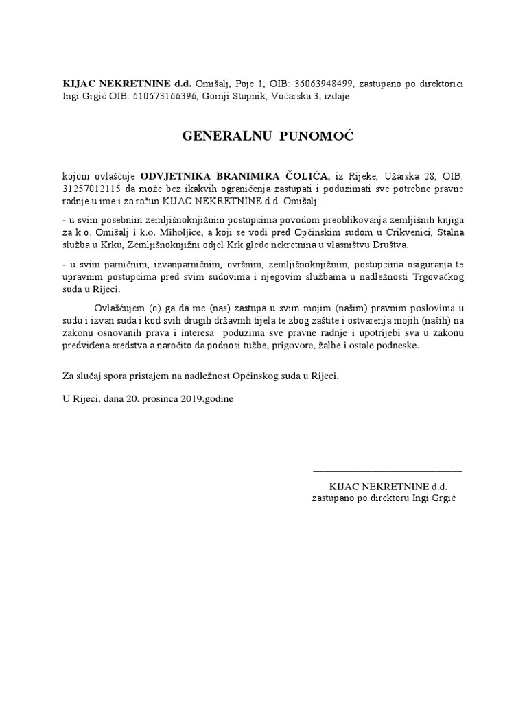 Generalna Punomoc - Trgovacki Sud Rijeka | PDF