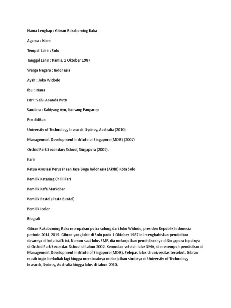 Biografi Gibran Rakabuming Raka | PDF