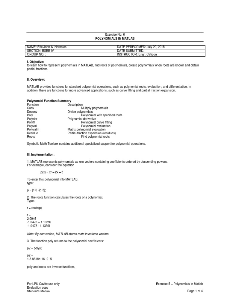 Controls Matlab E6 Polynomials In Matlab Eric Pdf Polynomial Derivative