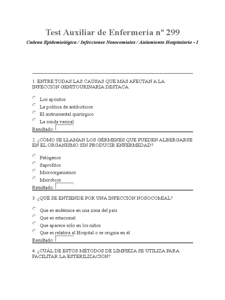 Test Auxiliar De Enfermería Pdf Infección Adquirida En El Hospital